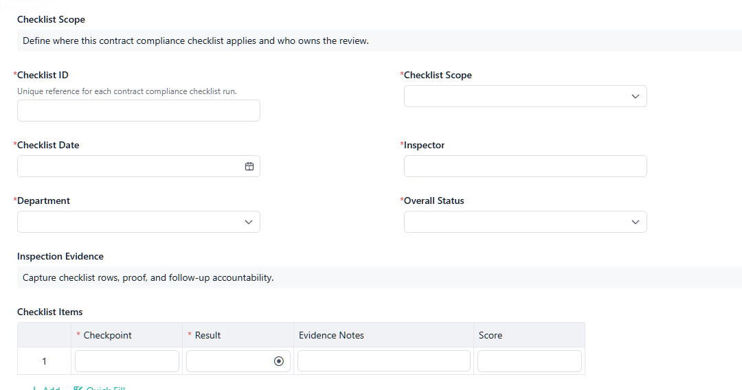 Contract Compliance Checklist | Evidence & Follow-up